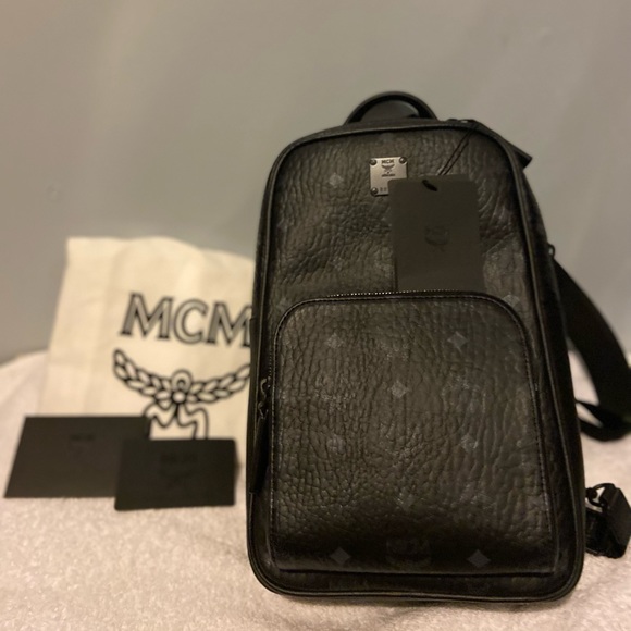 MCM | Bags | Auth Mcm Aren Small Visetos Monogram Black Sling Bag Logo ...